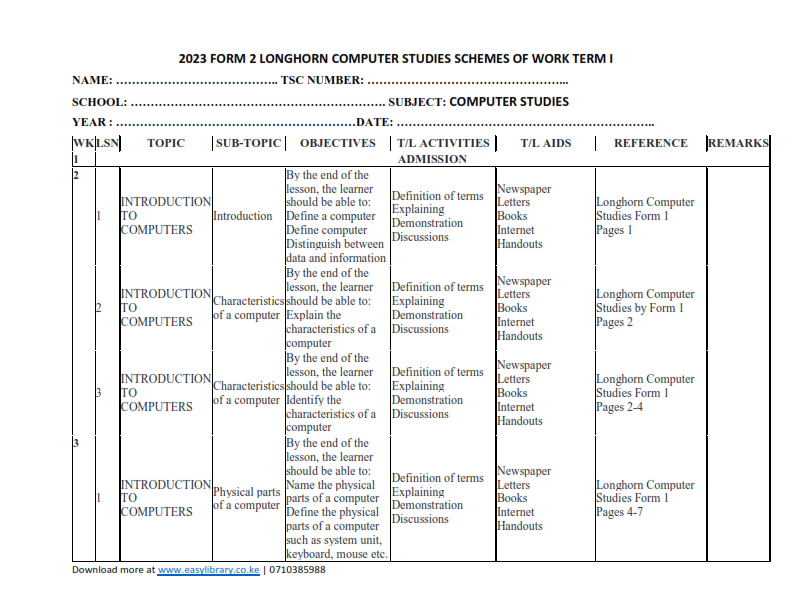 2023 FORM 2 LONGHORN COMPUTER STUDIES SCHEMES OF WORK – TERM I – EasyLibrary